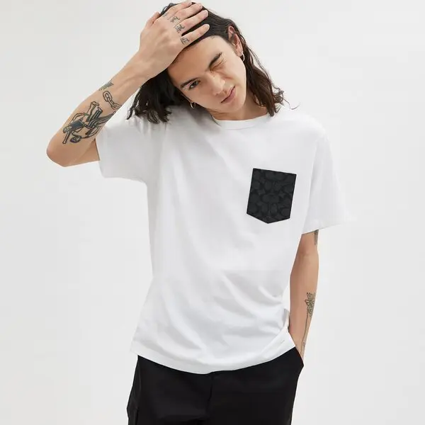 Coach Essential Pocket T-Shirt In White/Charcoal Signature - 60